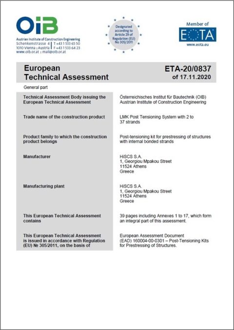 European Technical Assessment Document (ETA) for LMK Post Tensioning Kit – HiSCS